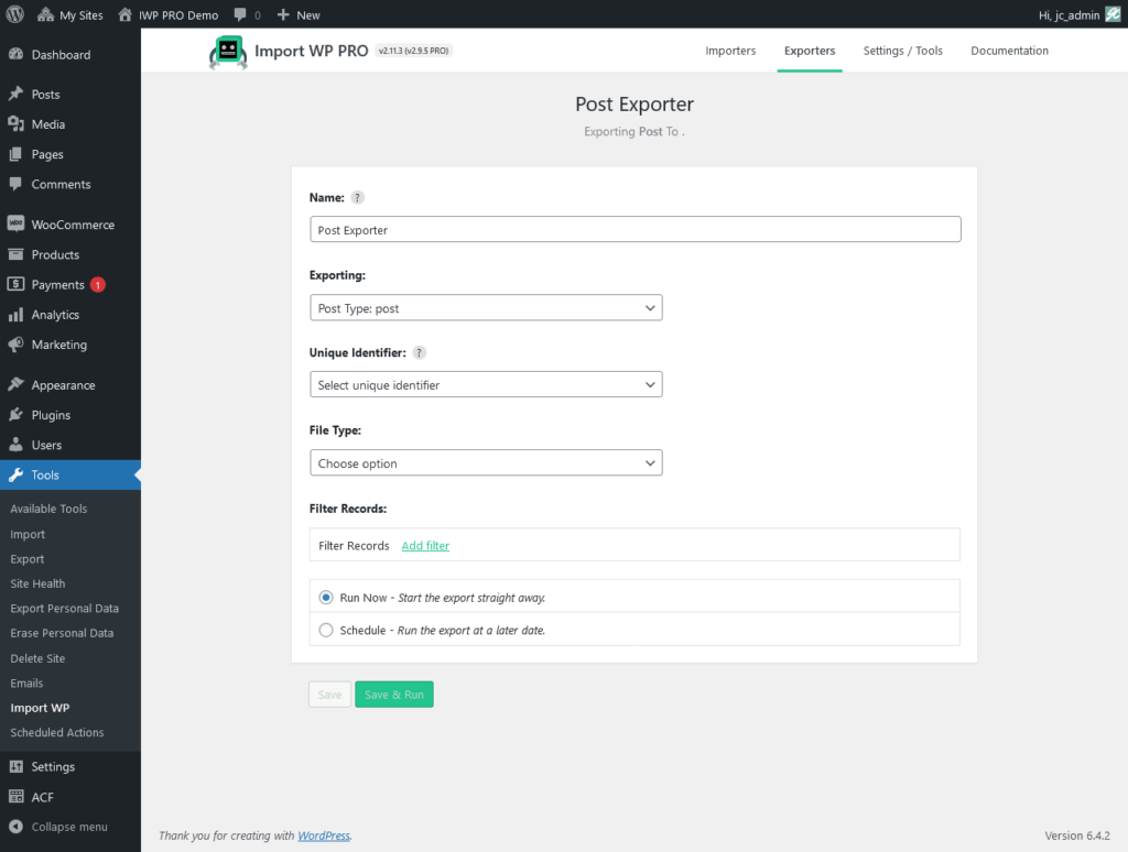 Choosing export file type - Import WP